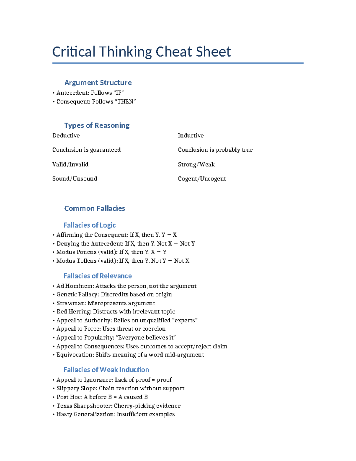 Critical Thinking Cheat Sheet: Argument Structure & Fallacies - Studocu