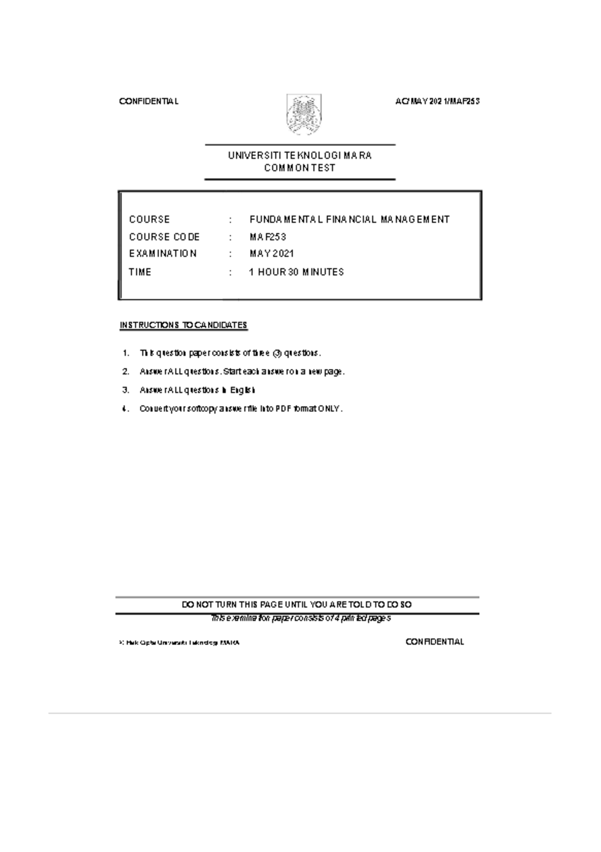 CT MAF253 Common Test - Fundamental Financial Management May 2021 - Studocu