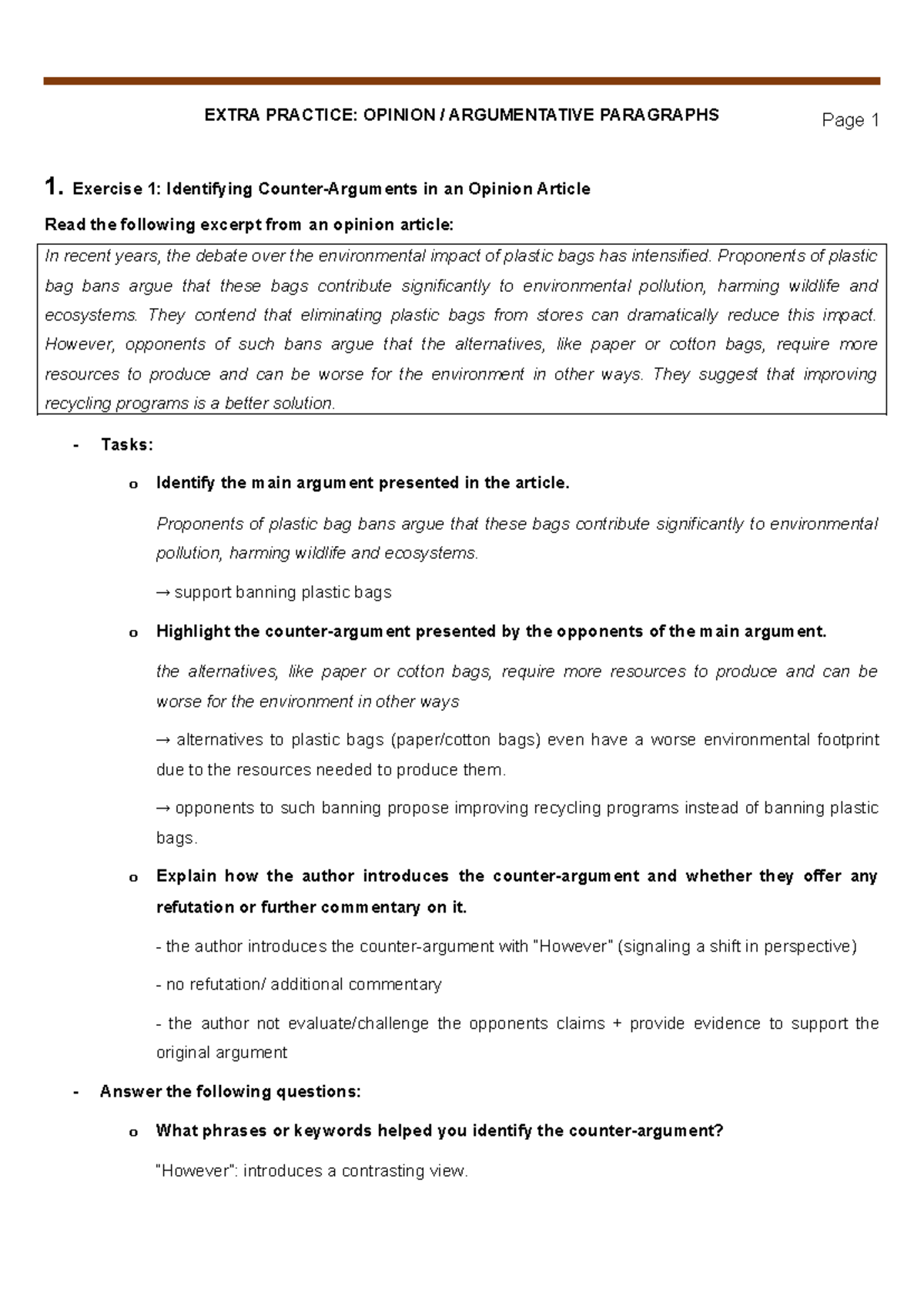 EXTRA PRACTICE: OPINION ARGUMENTATIVE PARAGRAPHS & REFUTATIONS - Studocu