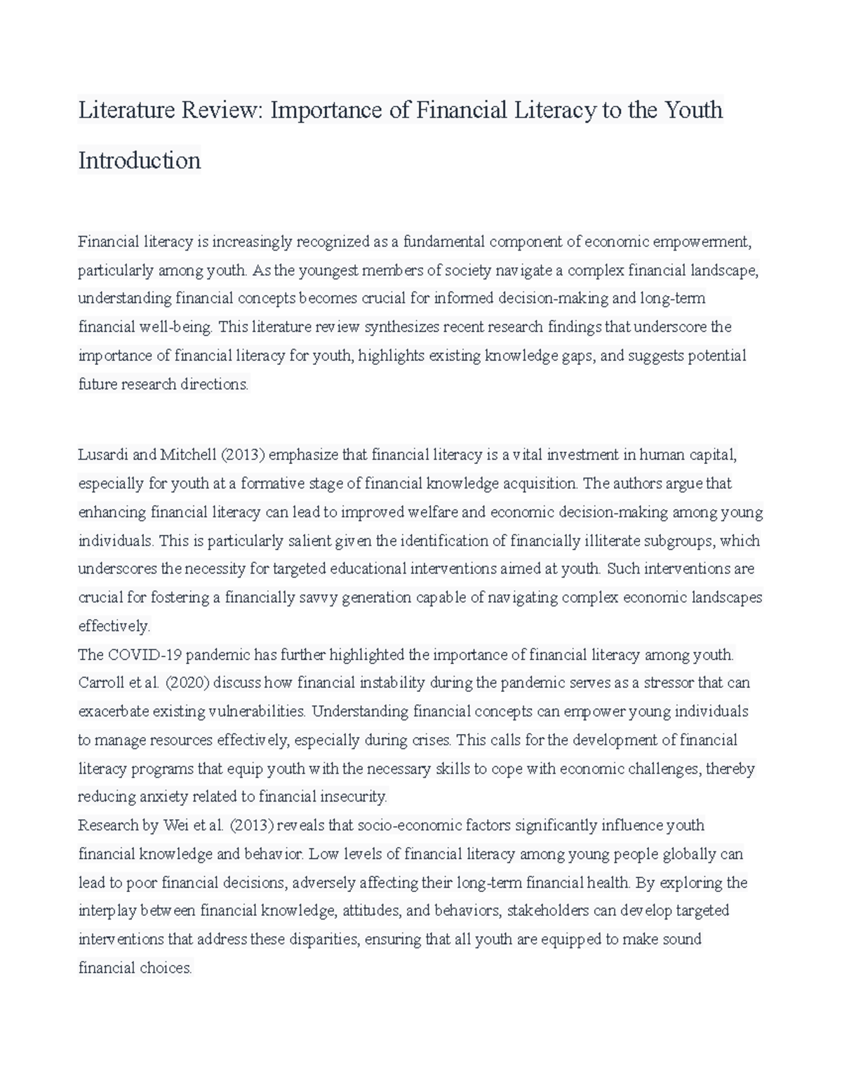 RRL - Exploring Financial Literacy: A Literature Review for Youth - Studocu