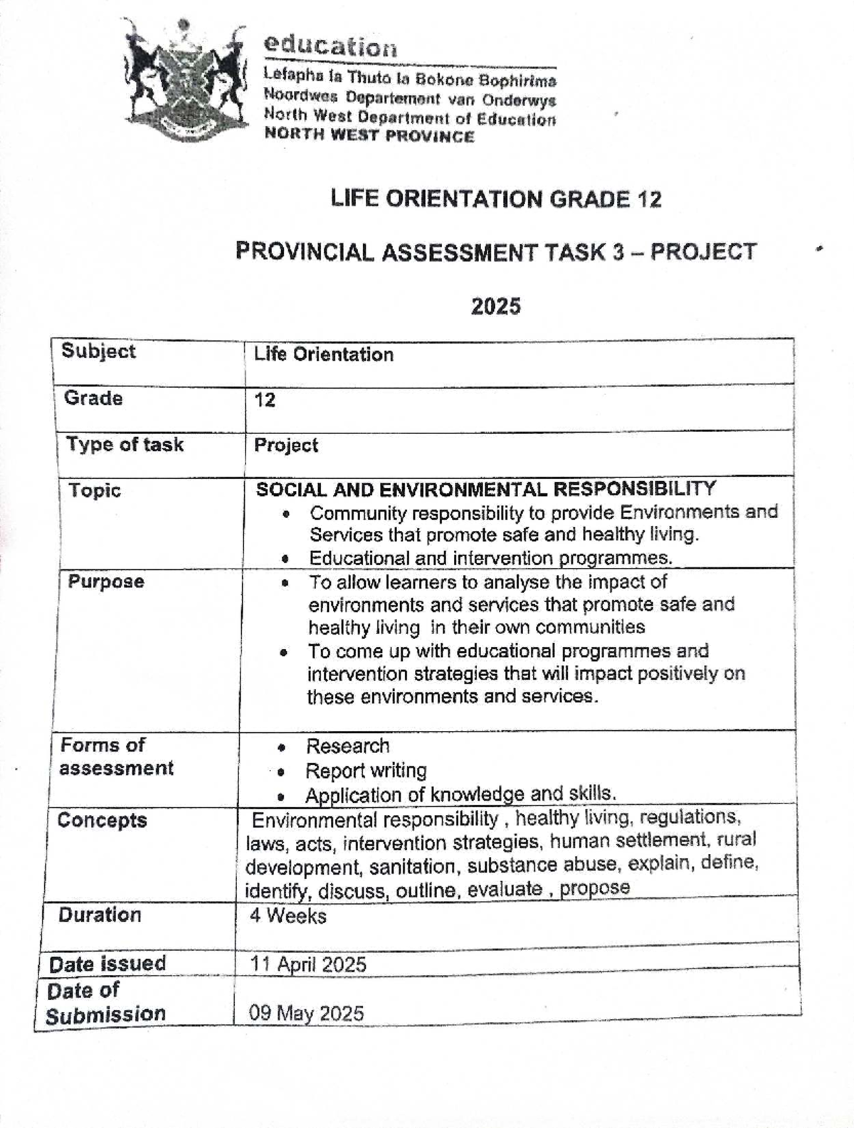 LIFE ORIENTATION GRADE 12 PROJECT TASK 3: SOCIAL & ENVIRONMENTAL ...