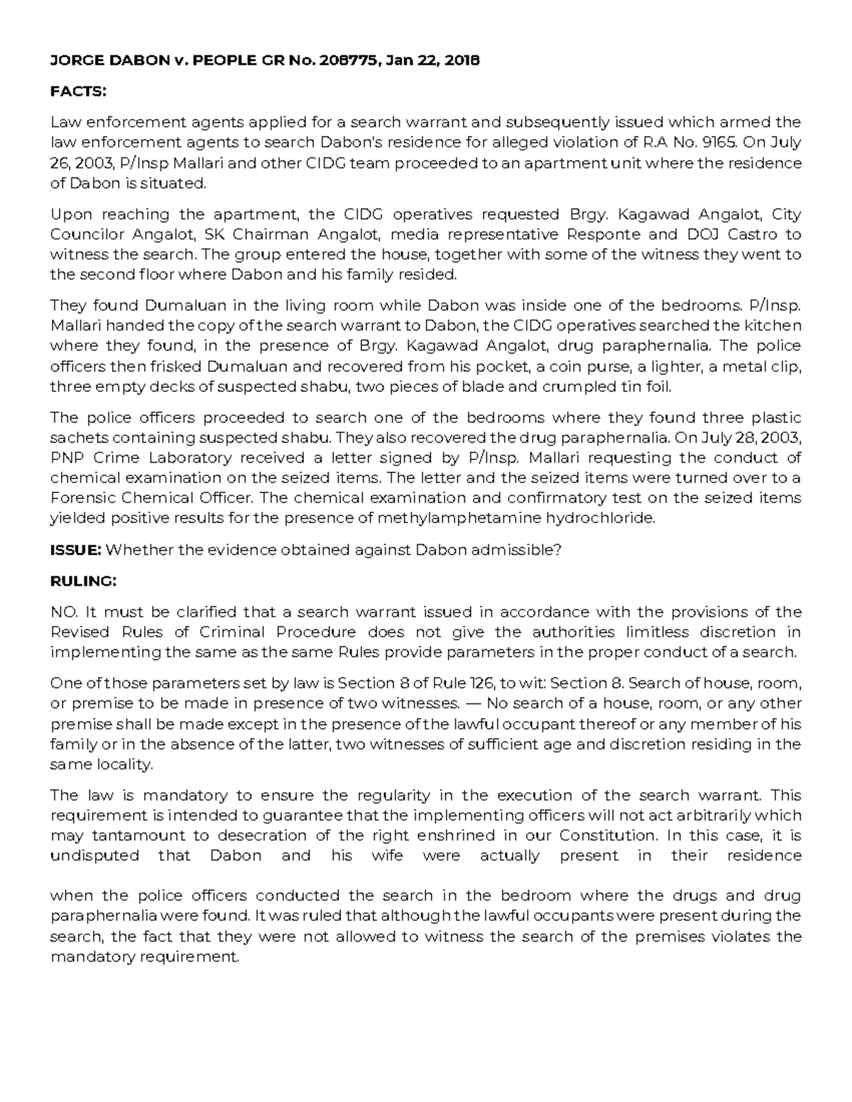 Dabon v. People Digest - law - JORGE DABON v. PEOPLE GR No. 208775, Jan ...