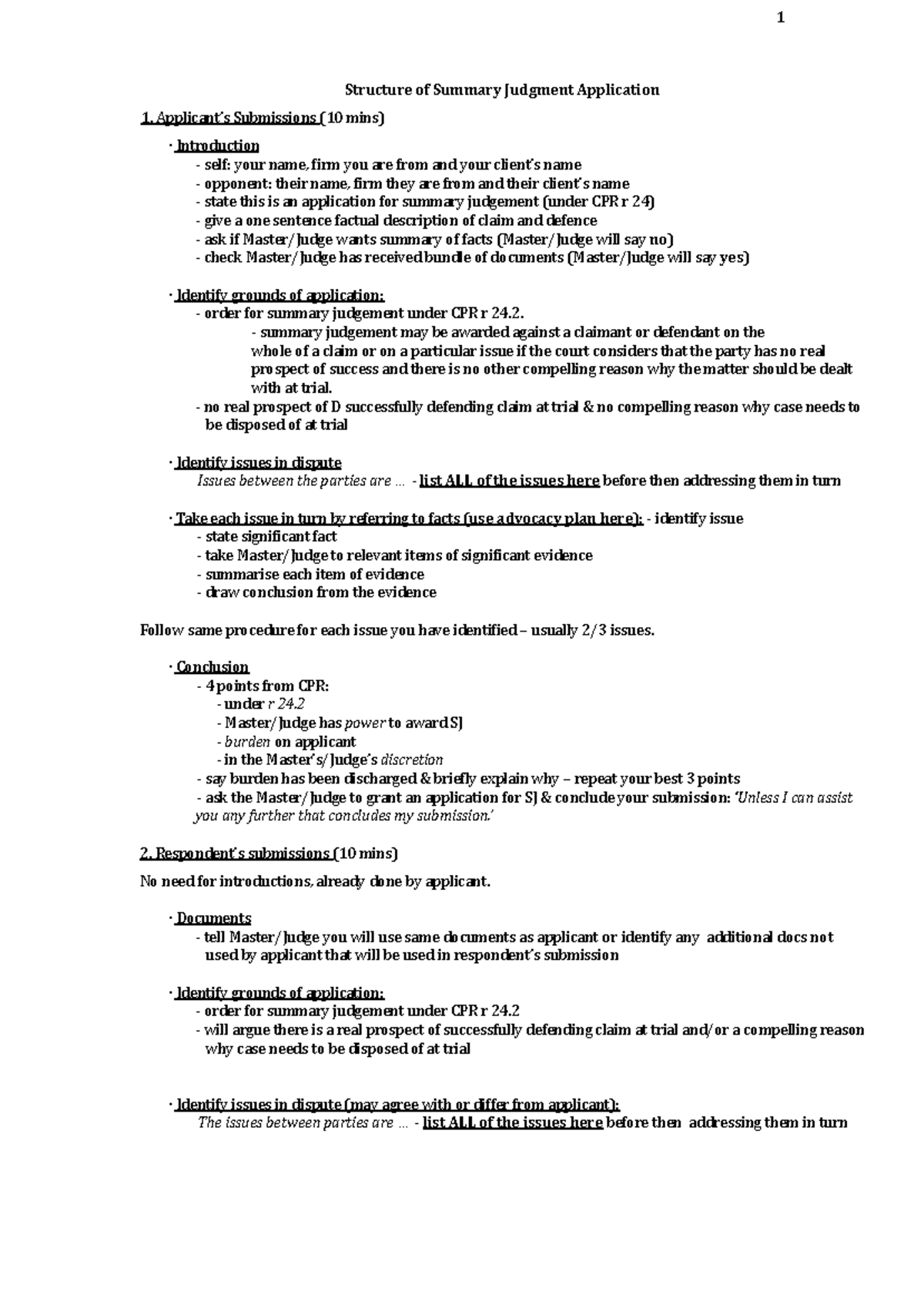 W7 Summary Judge App - 1 Structure of Summary Judgment Application ...