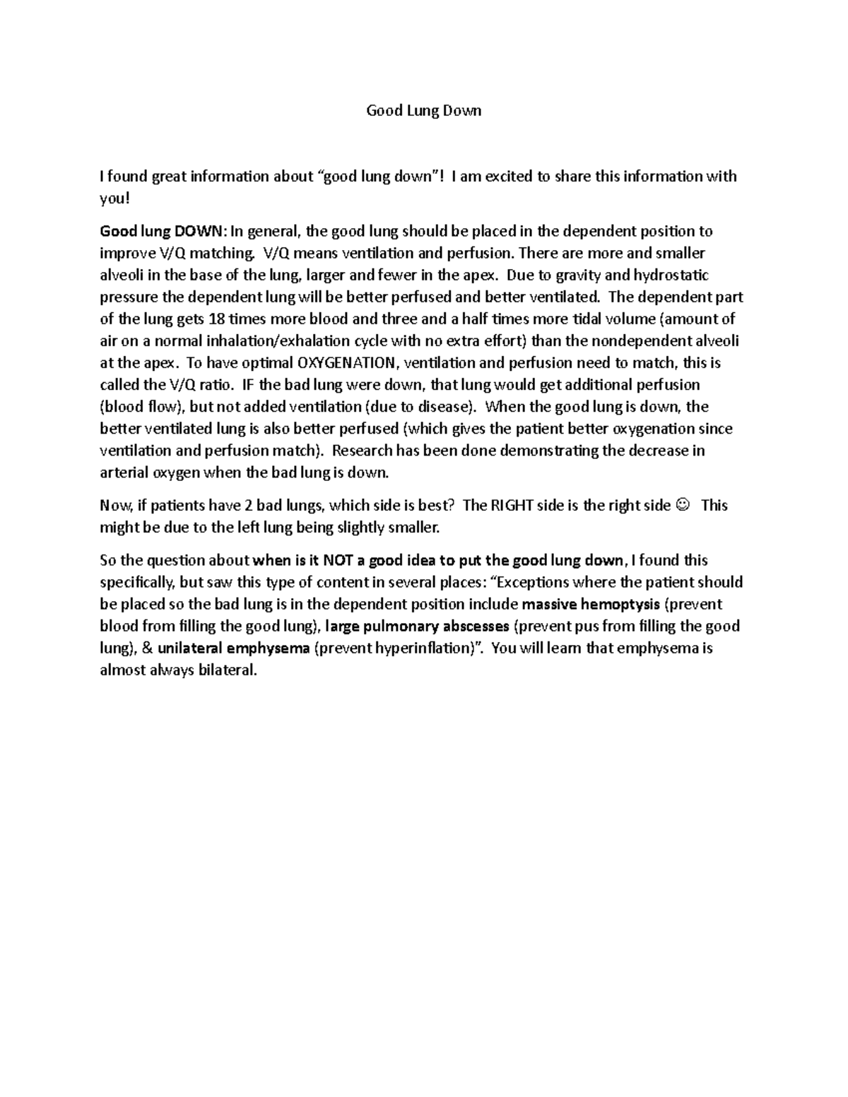 Good Lung Down: Key Concepts for V/Q Matching in Patients - Studocu