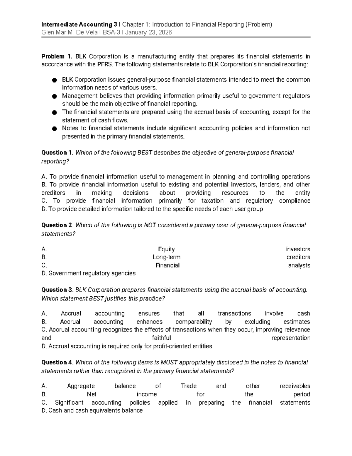 Intermediate Accounting 3 I Chapter 1: Financial Reporting Problems ...