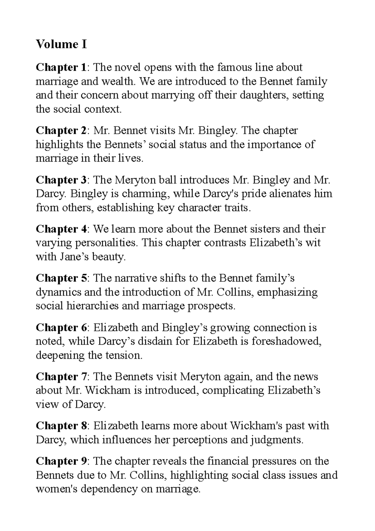 Pride and Prejudice: Volume I & II Chapter Summaries and Analysis - Studocu