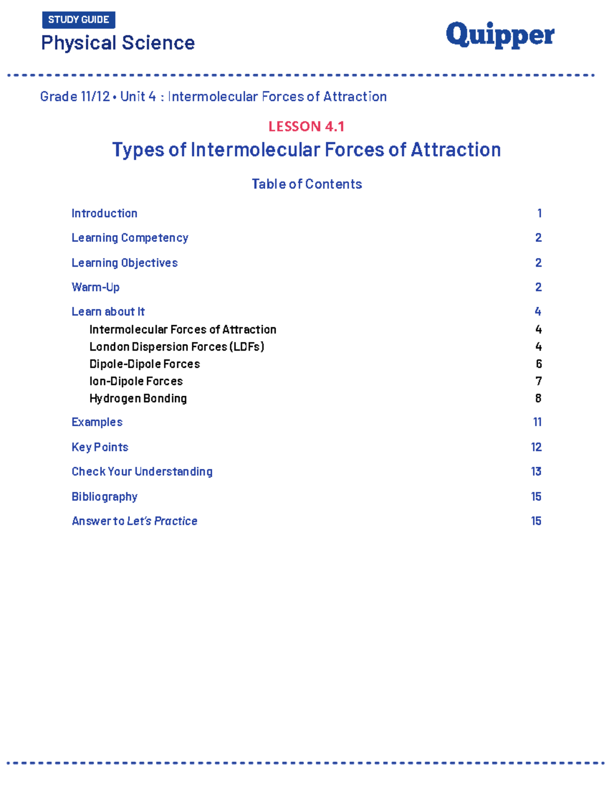 Unit 4 Lesson 1 Types of Intermolecular Forces of Attraction - Physical ...