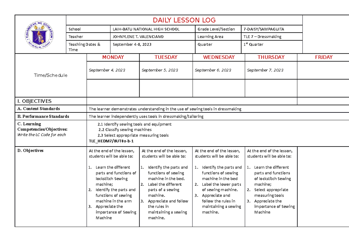 DLL-TLE 7, WEEK 2 LESSON ON SEWING MACHINE PARTS & TOOLS - Studocu