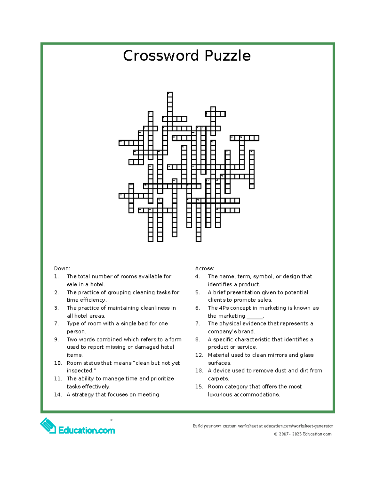 Housekeeping Dept. Crossword Puzzle Worksheet - Studocu