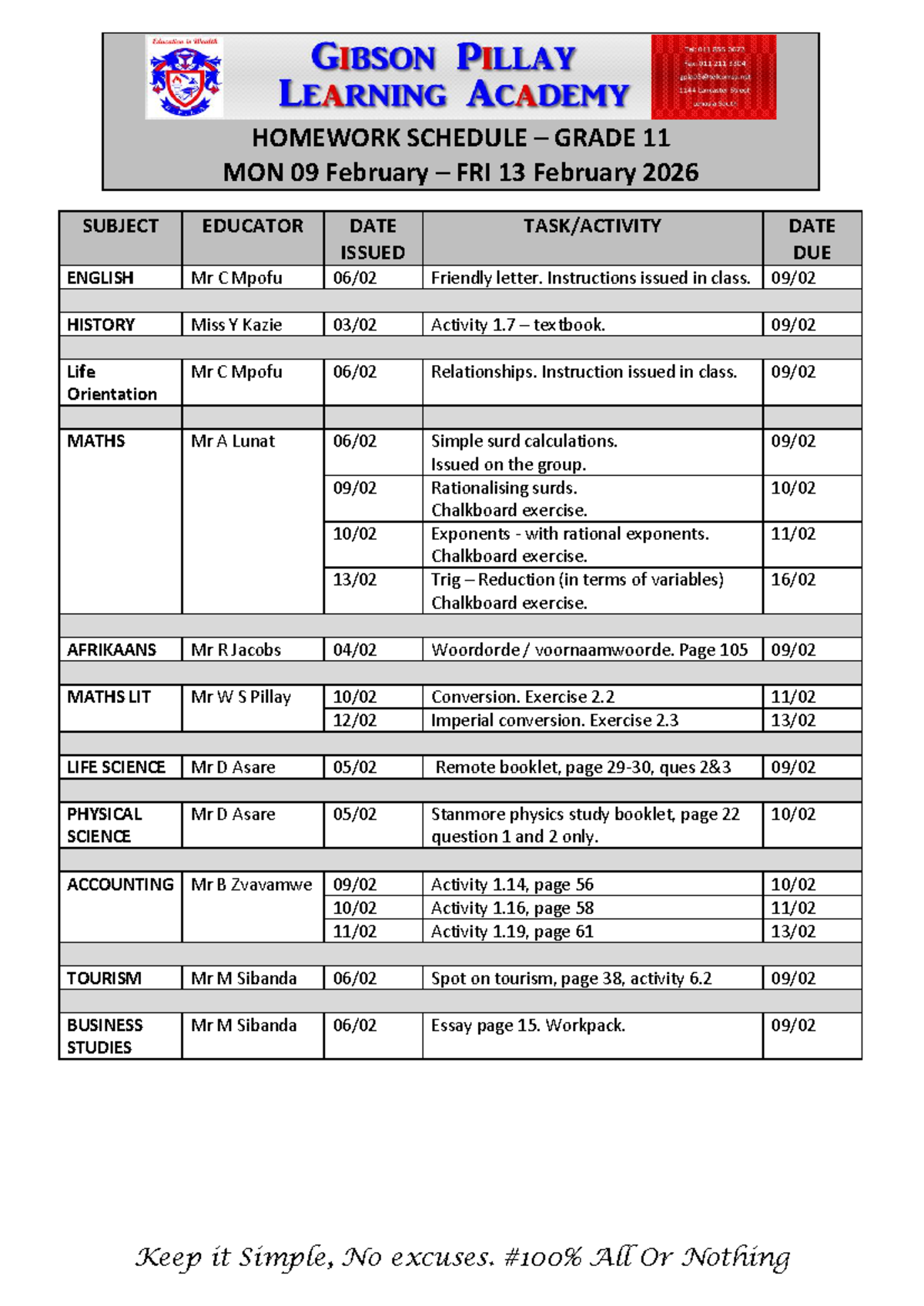 Grade 11 Homework Schedule: 09-13 Feb 2026 - Studocu