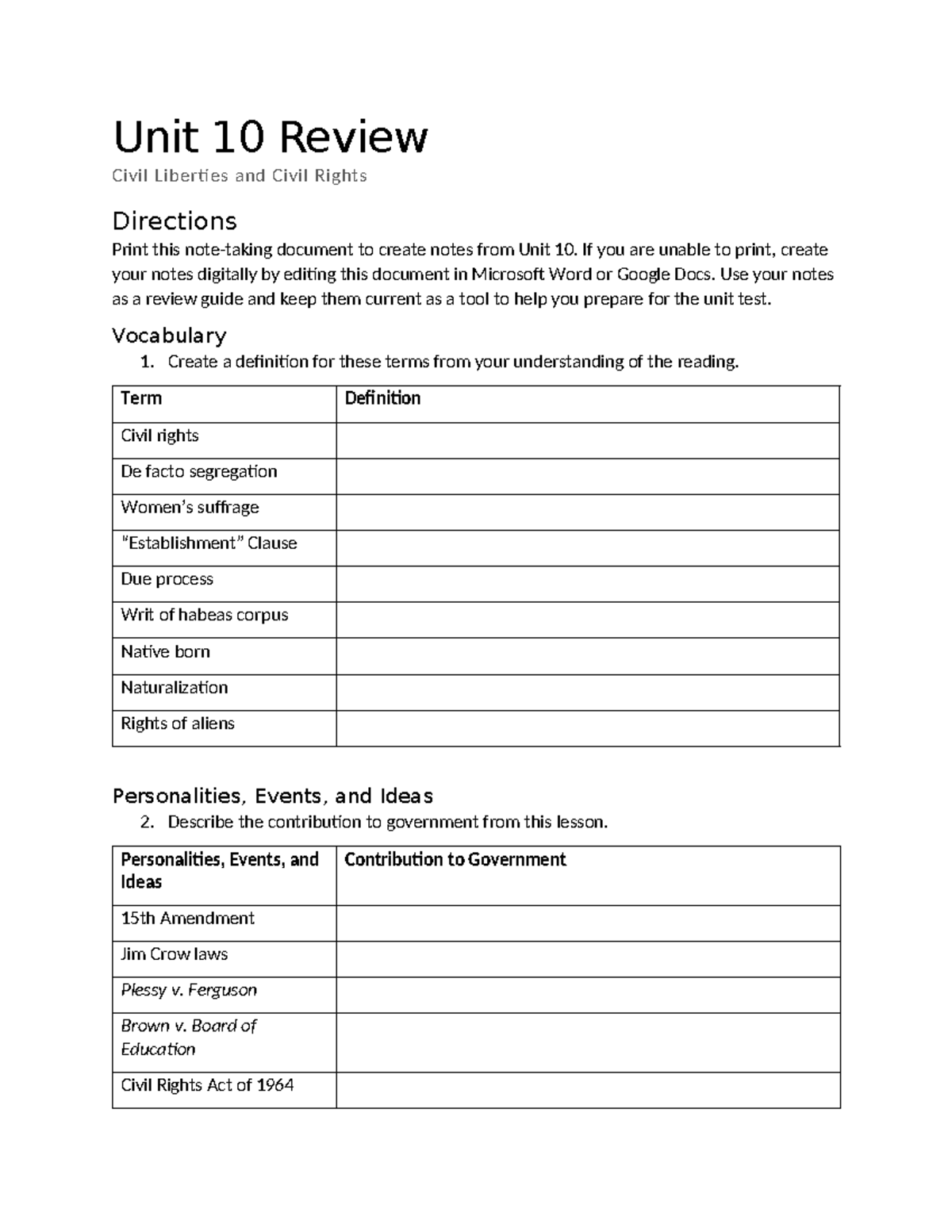 Unit 10 Review: Civil Liberties & Civil Rights Notes - Studocu