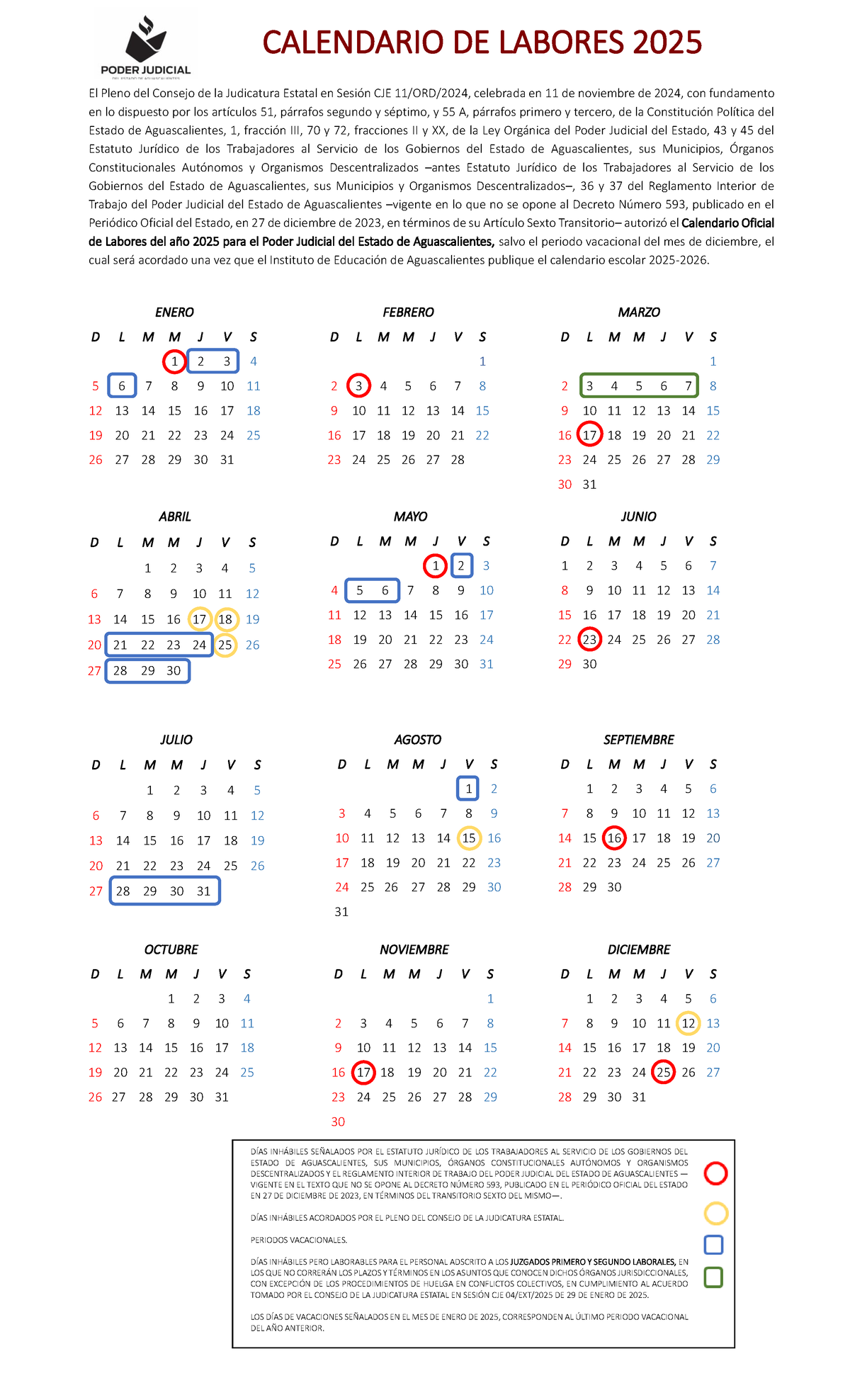 Calendario Oficial de Labores 2025 del Poder Judicial CJE - Studocu