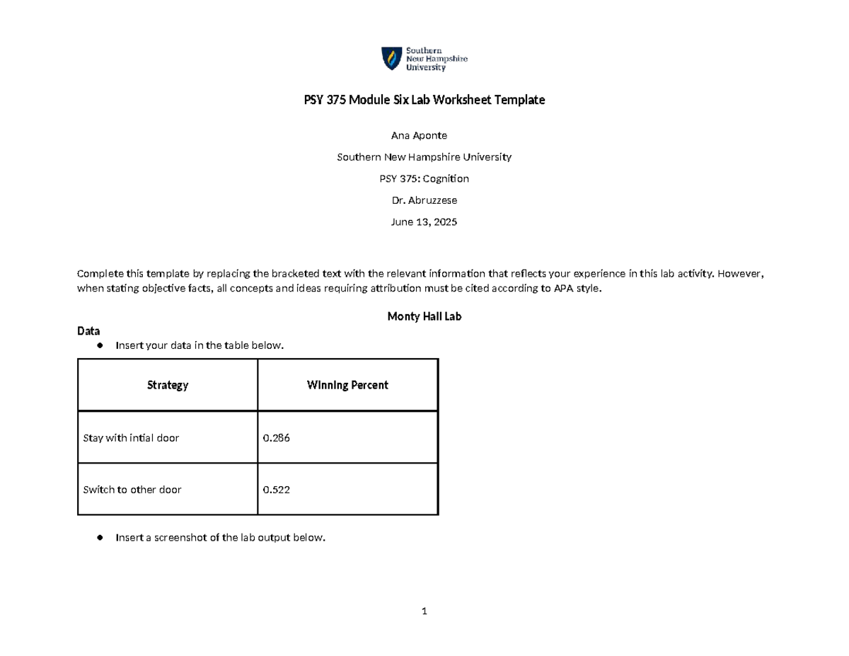 PSY 375 Module Six Lab Worksheet: Cognition Experiments Analysis - Studocu