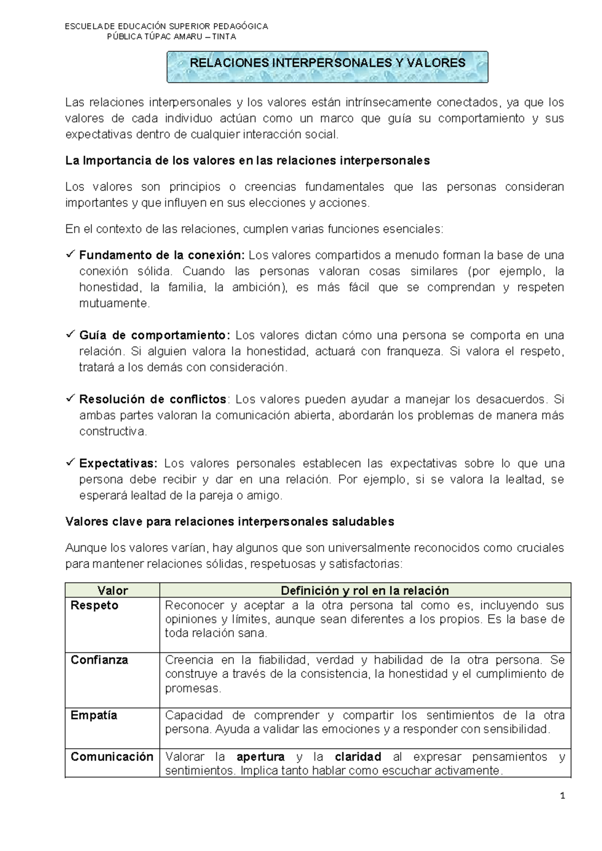 Relaciones Interpersonales y Valores: Conexiones Esenciales - Studocu