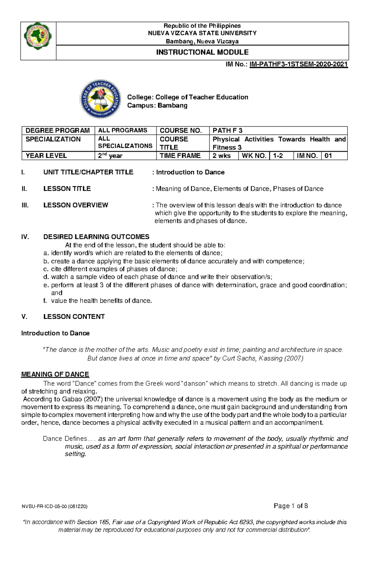 PATHF 3 - Module 1: Understanding Dance, Its Elements & Phases - Studocu