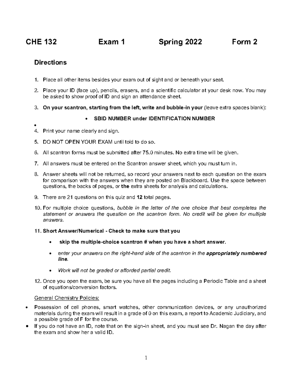 CHE132 Final Exam Guidelines and Form 2 Spring 2022 - Studocu