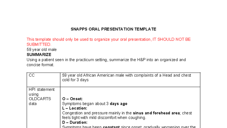FNP NR511 Oral Presentation Template: Patient Case Summary - Studocu