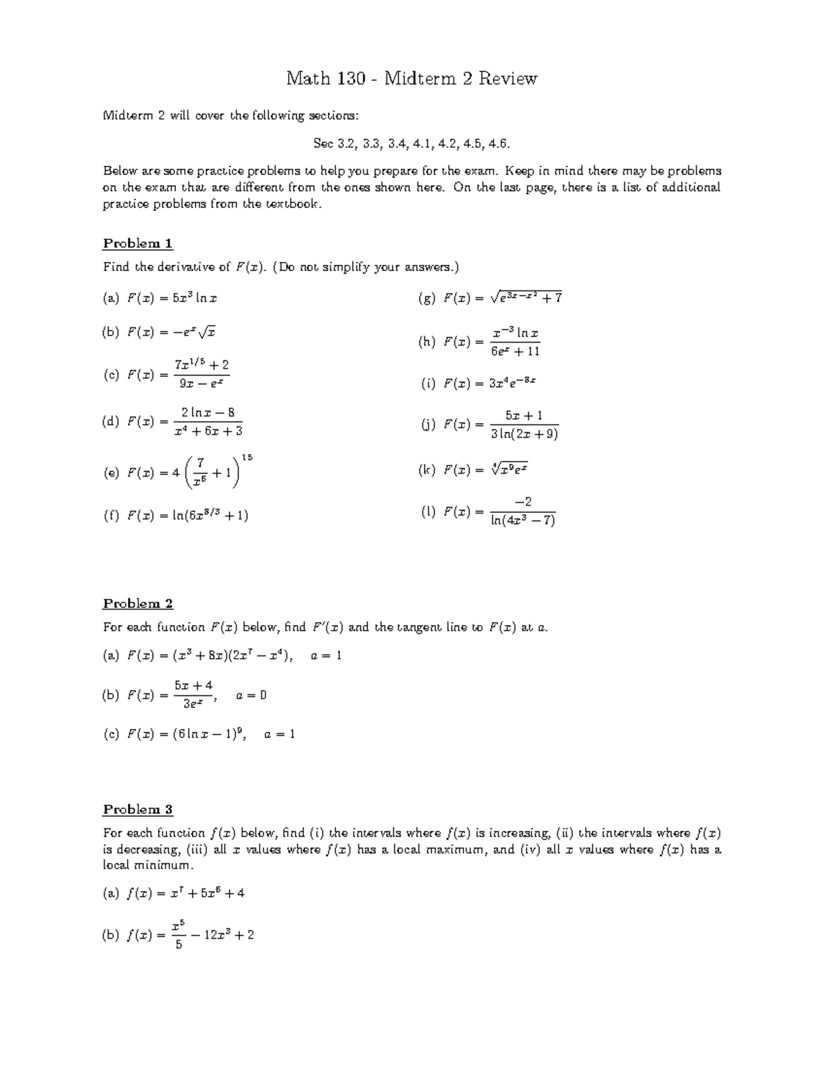 Math 130 Midterm 2 Review: Key Concepts & Practice Problems - Studocu