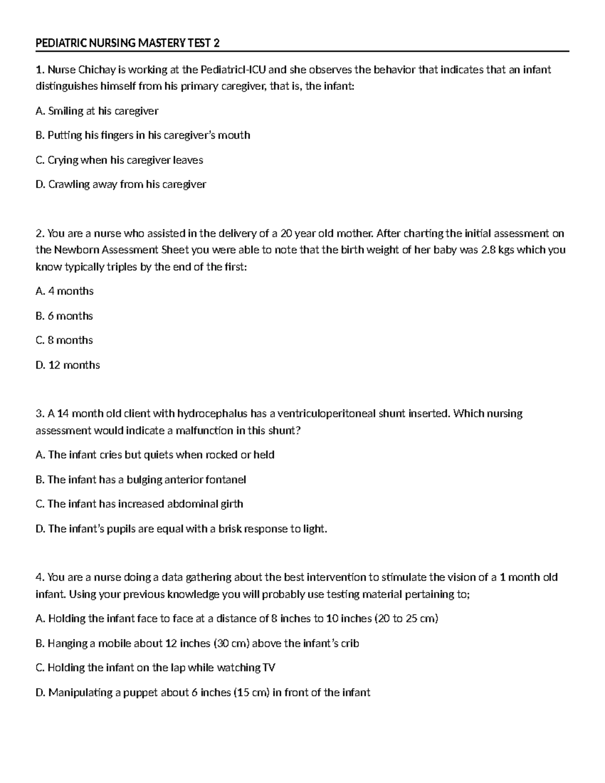 Pediatric Nursing Mastery Test 2: Key Concepts and Questions - Studocu