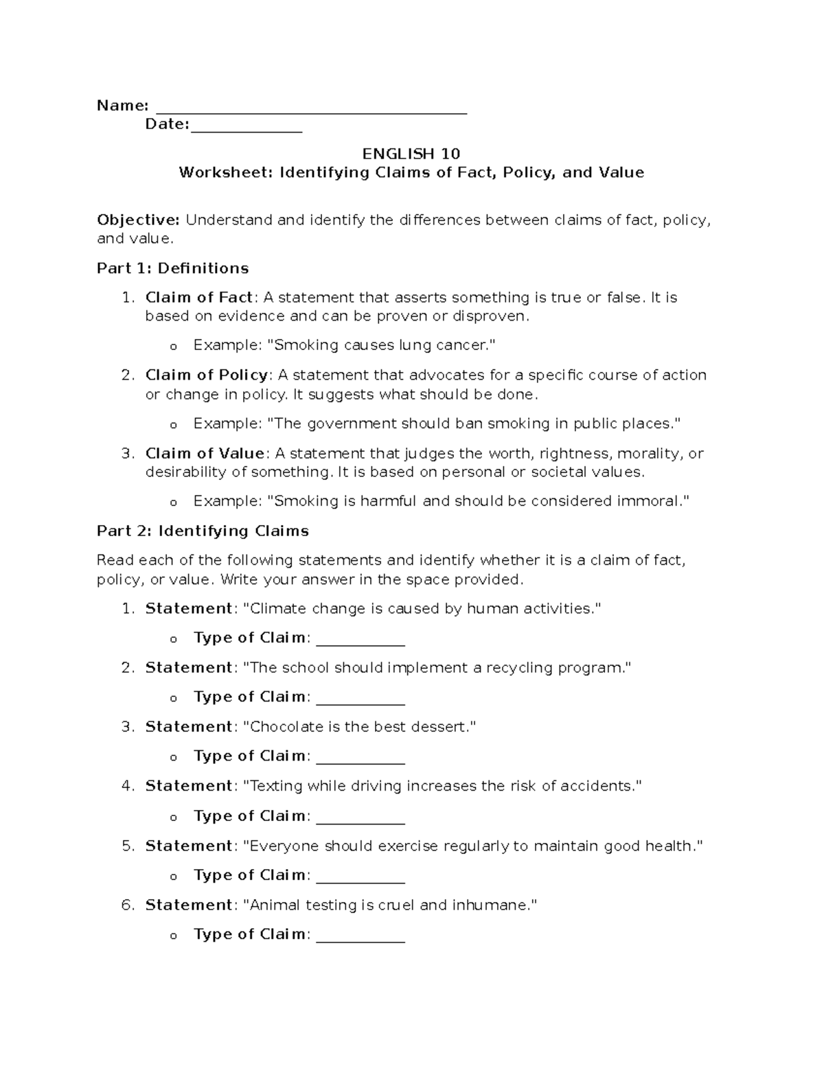 ENG 10 Worksheet: Claims of Fact, Policy, and Value Identification ...