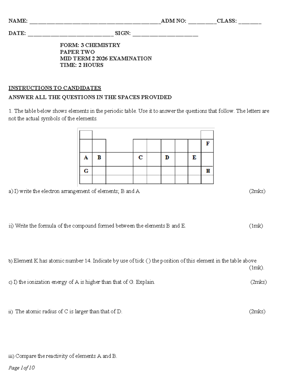 2026 Chemistry F3 T2 Midterm Exam Questions - Studocu
