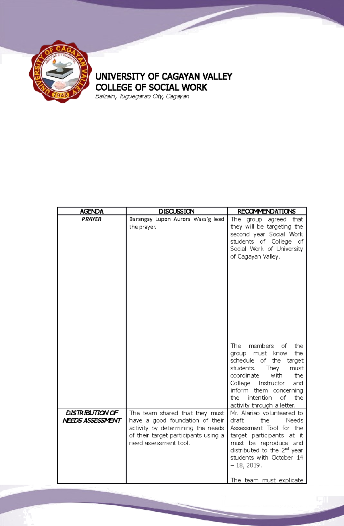 Minutes-OF-THE- Meeting 1 - AGENDA DISCUSSION RECOMMENDATIONS PRAYER ...