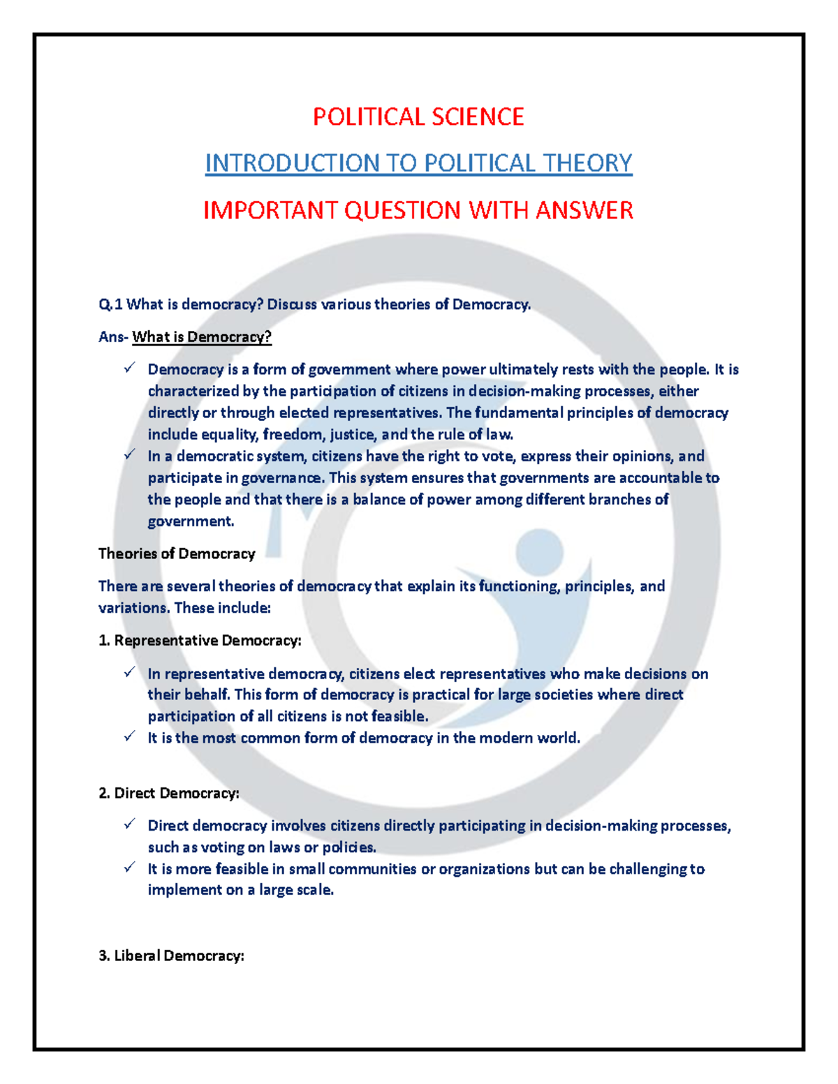 POLITICAL SCIENCE 101: INTRODUCTION TO POLITICAL THEORY - KEY QUESTIONS ...