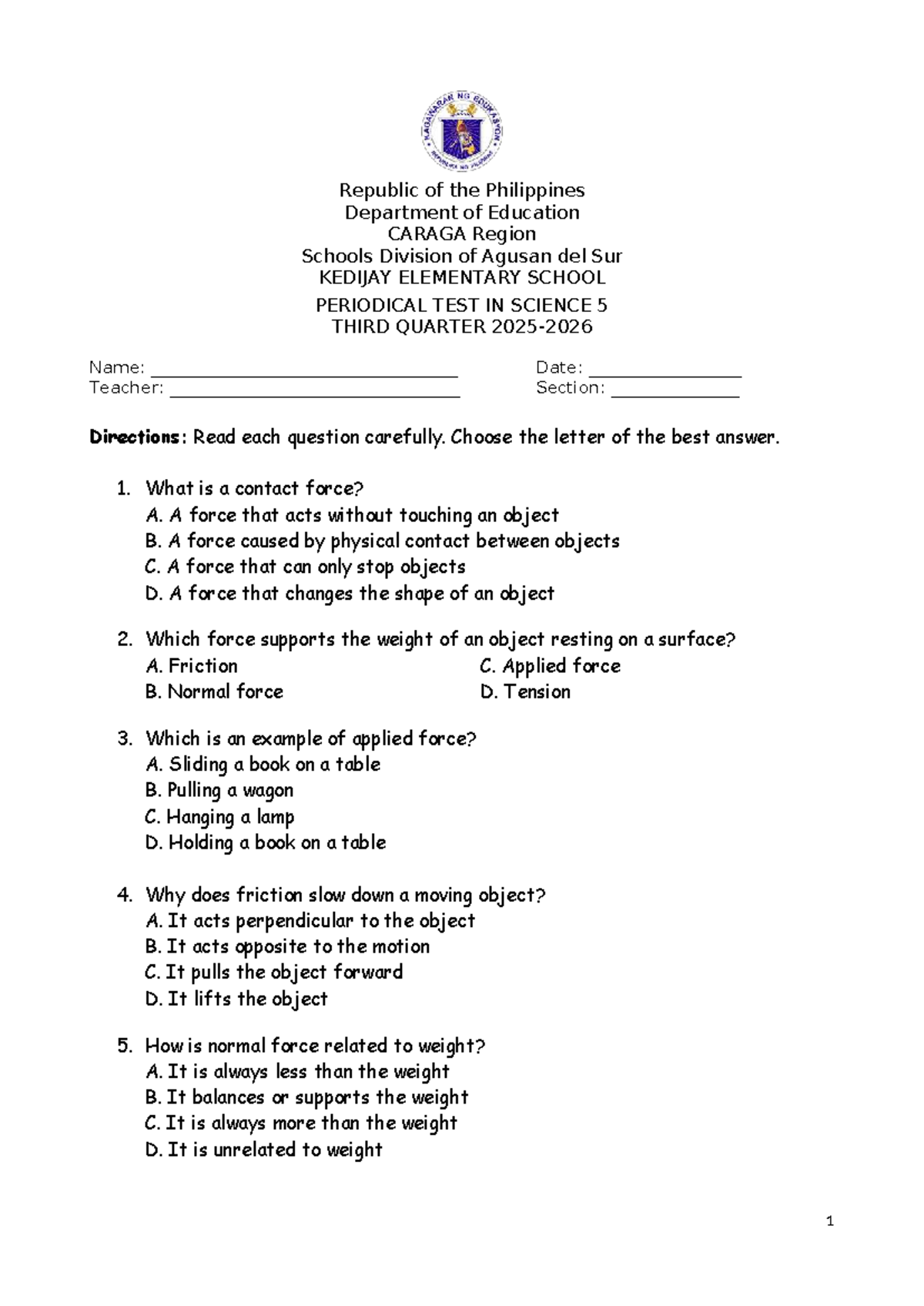 Q3 PT - Science 5 Periodical Test Review for KEDIJAY Elementary - Studocu