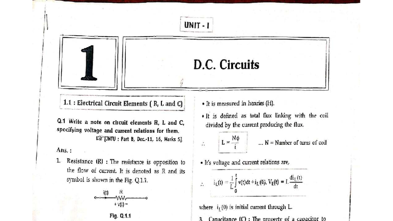 BEE 101: D.C. Circuits - Unit I Notes on Circuit Elements and Laws ...