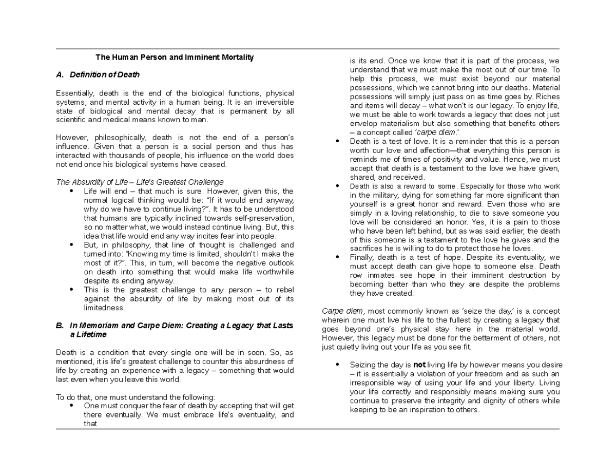 The Human Person and Imminent Mortality - Definition of Death ...