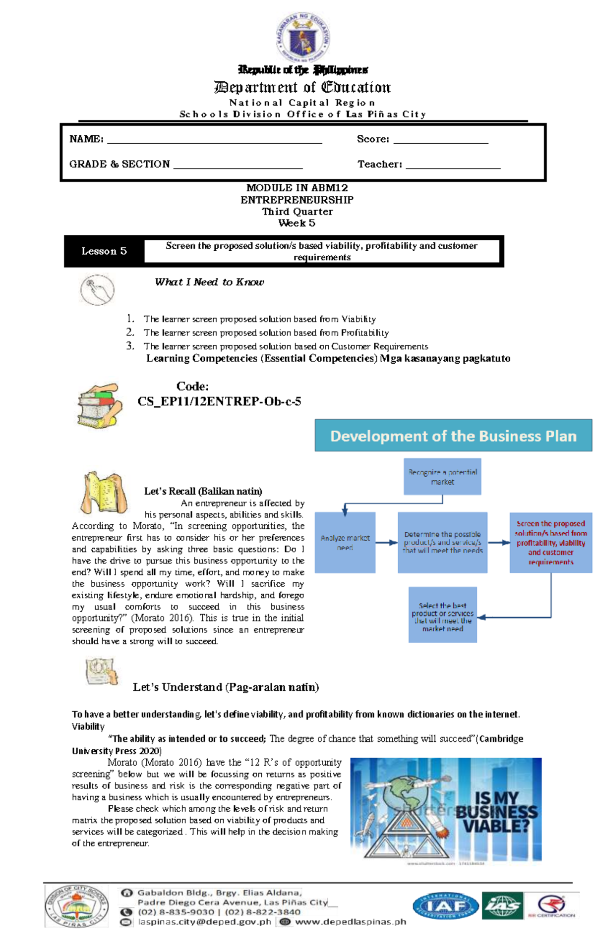 G12 Q1 ABM Entrep M 5 - reviewer - MODULE IN ABM ENTREPRENEURSHIP Third ...