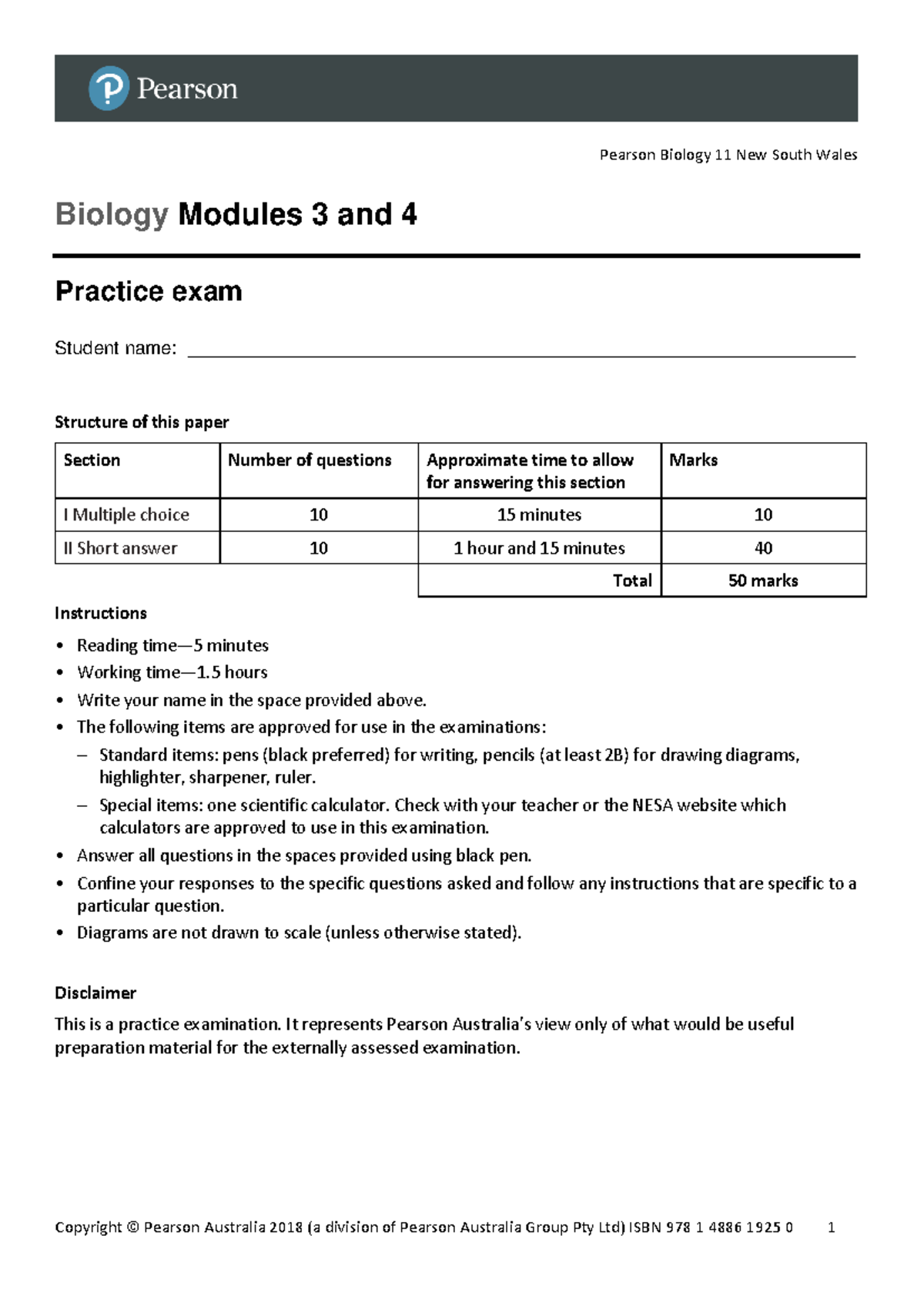 Pearson Biology 11 NSW Modules 3 & 4 Practice Exam Guide - Studocu