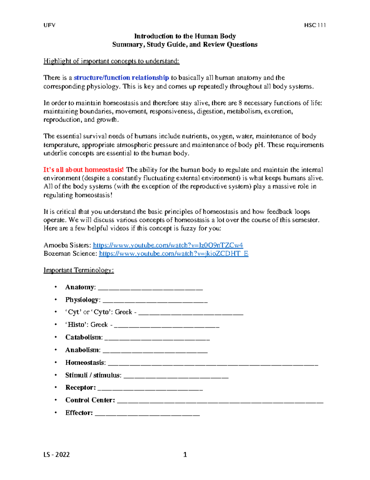 UFV HSC Human Body: Homeostasis Summary & Study Guide - Studocu