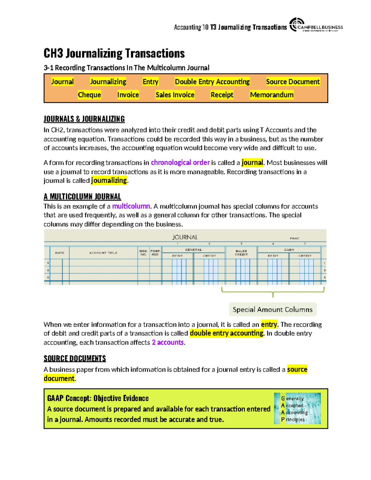 Title: CH3-1 Notes: Recording Transactions in the Multicolumn Journal ...