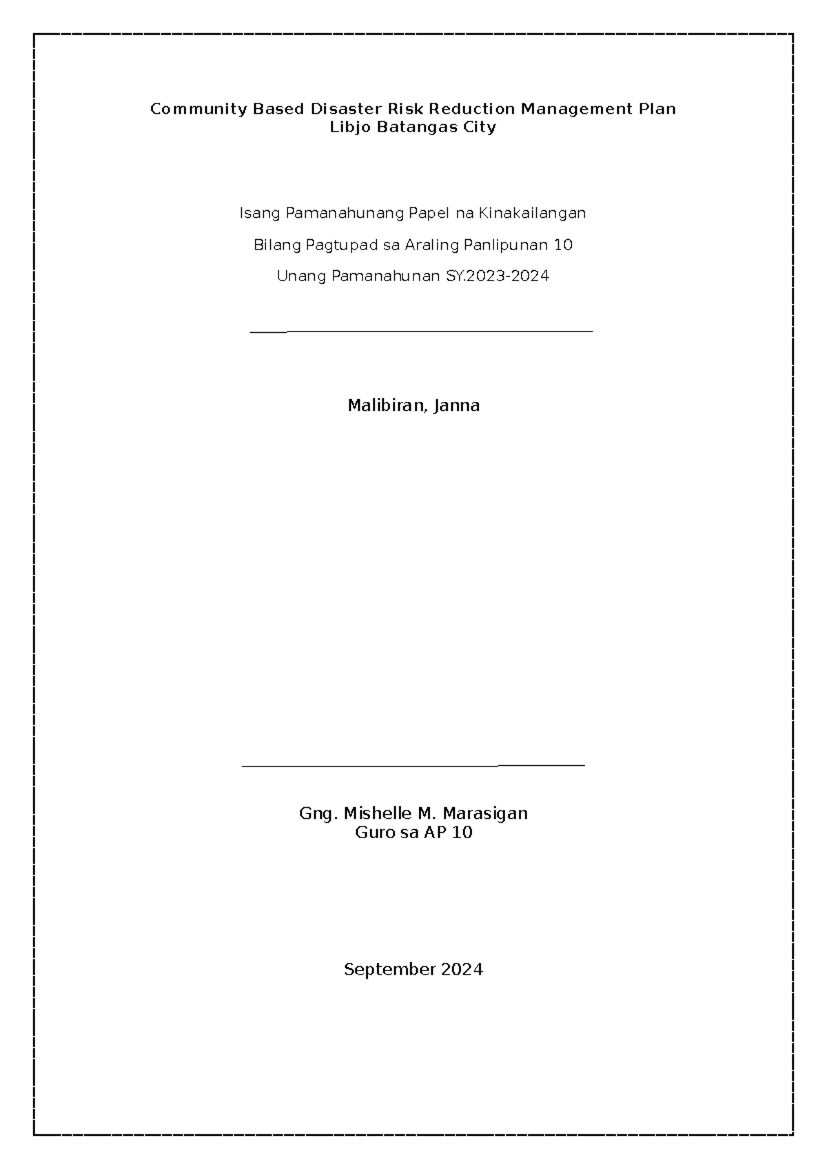 Community Based Disaster Risk Reduction Plan for AP 10 Students - Studocu