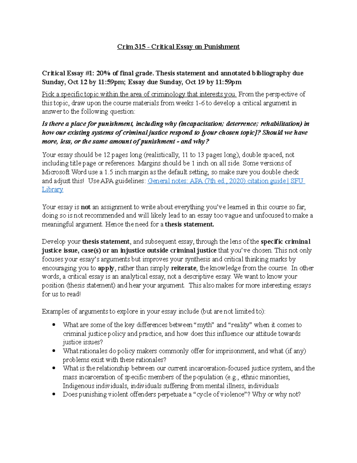 Crim 315 Final Essay: Analyzing the Role of Punishment in Justice - Studocu