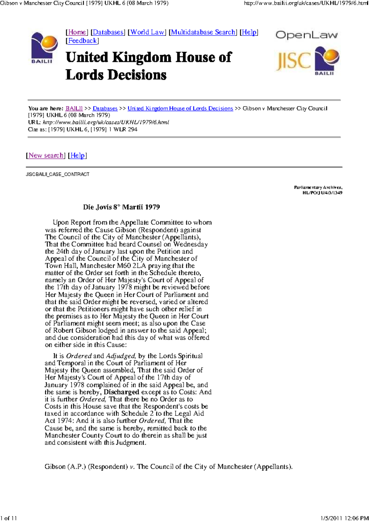 Gibson v Manchester City Council UKHL 6 Case Report (08 March 1979 ...