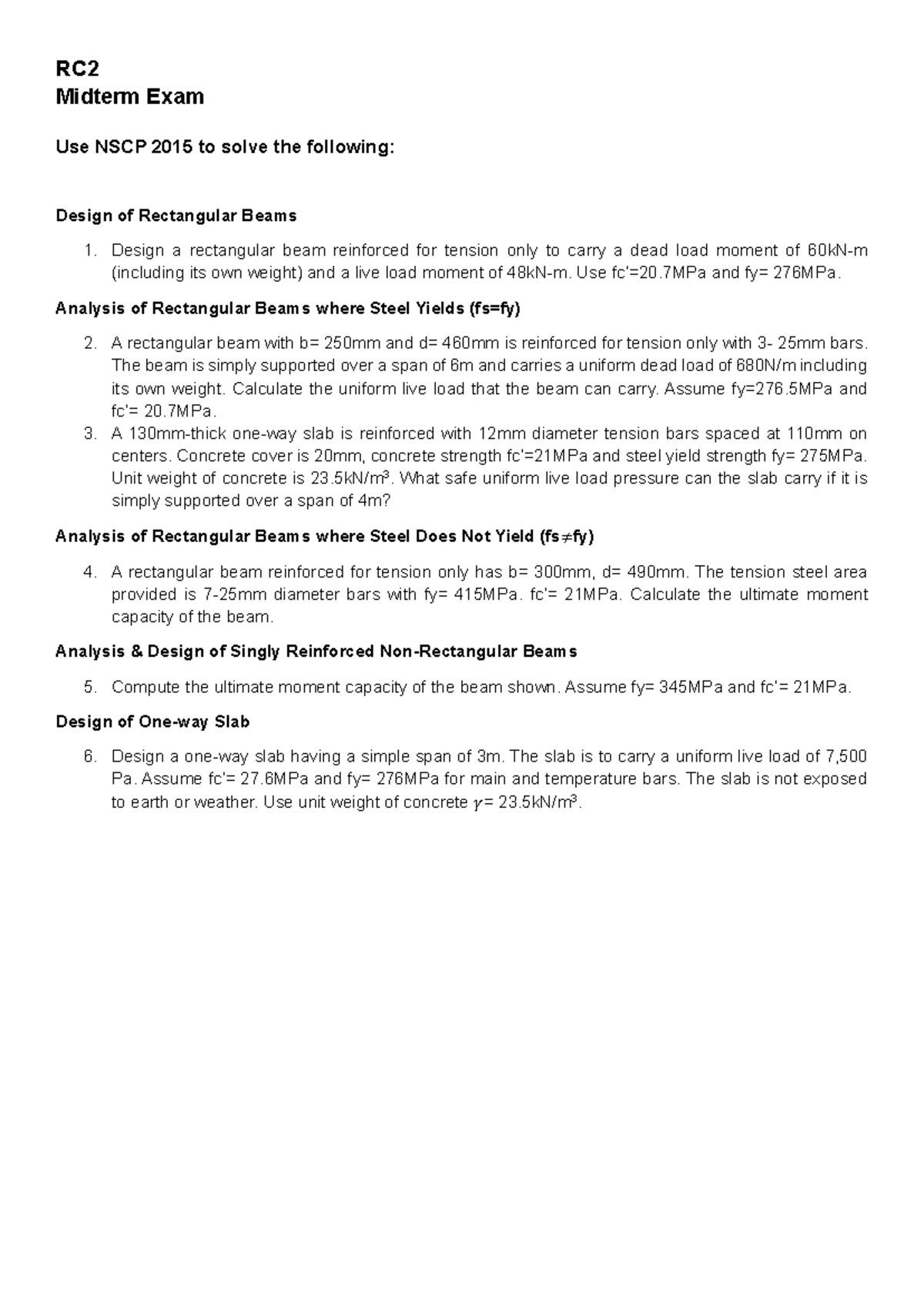 RC2 - Midterm Exam: Design & Analysis of Rectangular Beams - Studocu