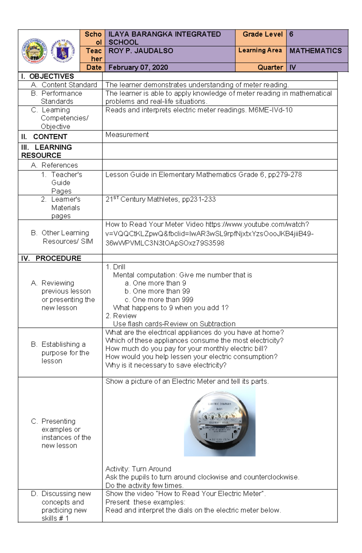 470373042 Lesson Plan: Meter Reading for Grade 6 Mathematics - Studocu