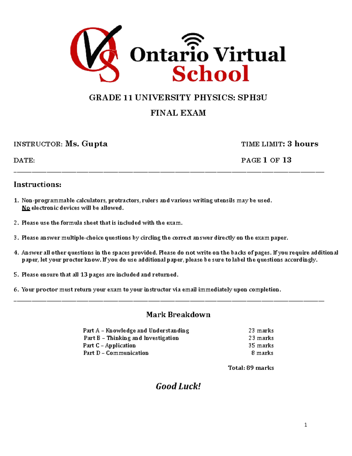 GRADE 11 PHYSICS SPH3U FINAL EXAM - Ms. Gupta Instructions & Marking ...