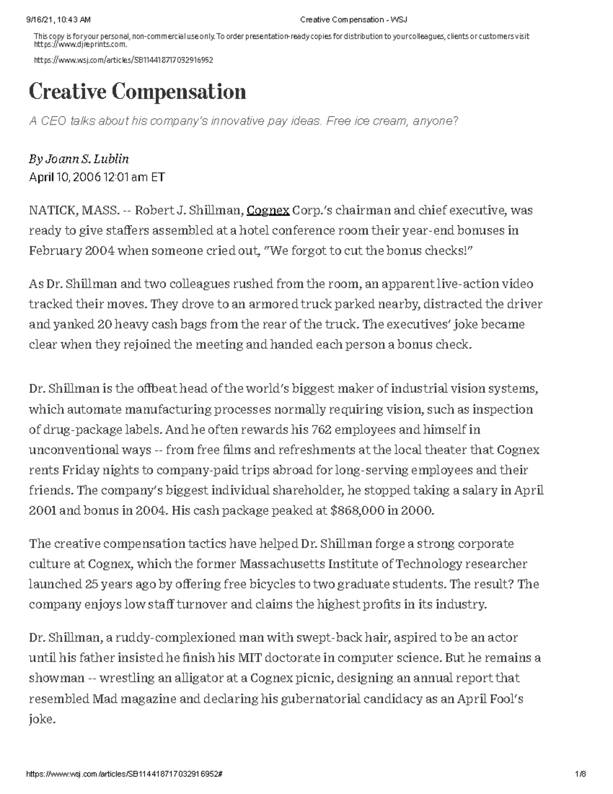 Creative Compensation Strategies: Insights from Cognex CEO (WSJ) - Studocu