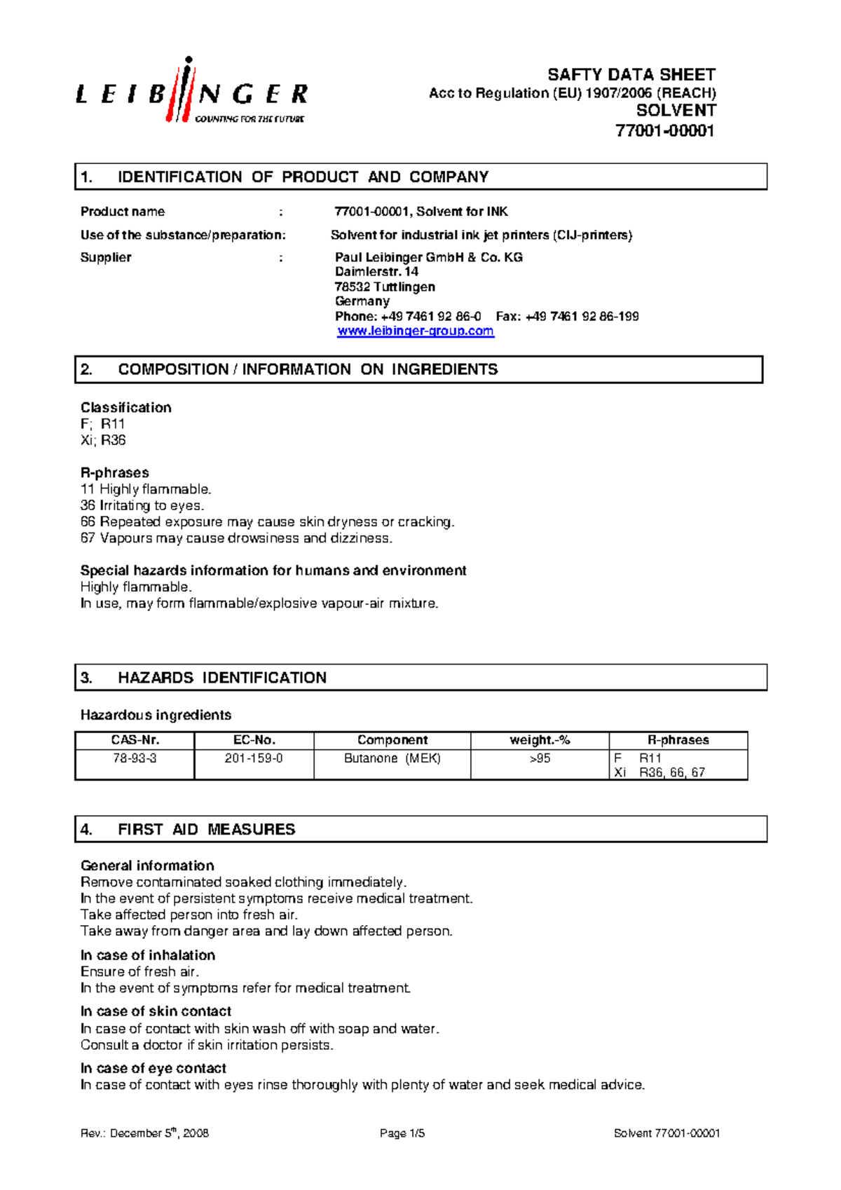 SAFTY DATA SHEET: Solvent for INK (EU REACH) - K7701 - Studocu