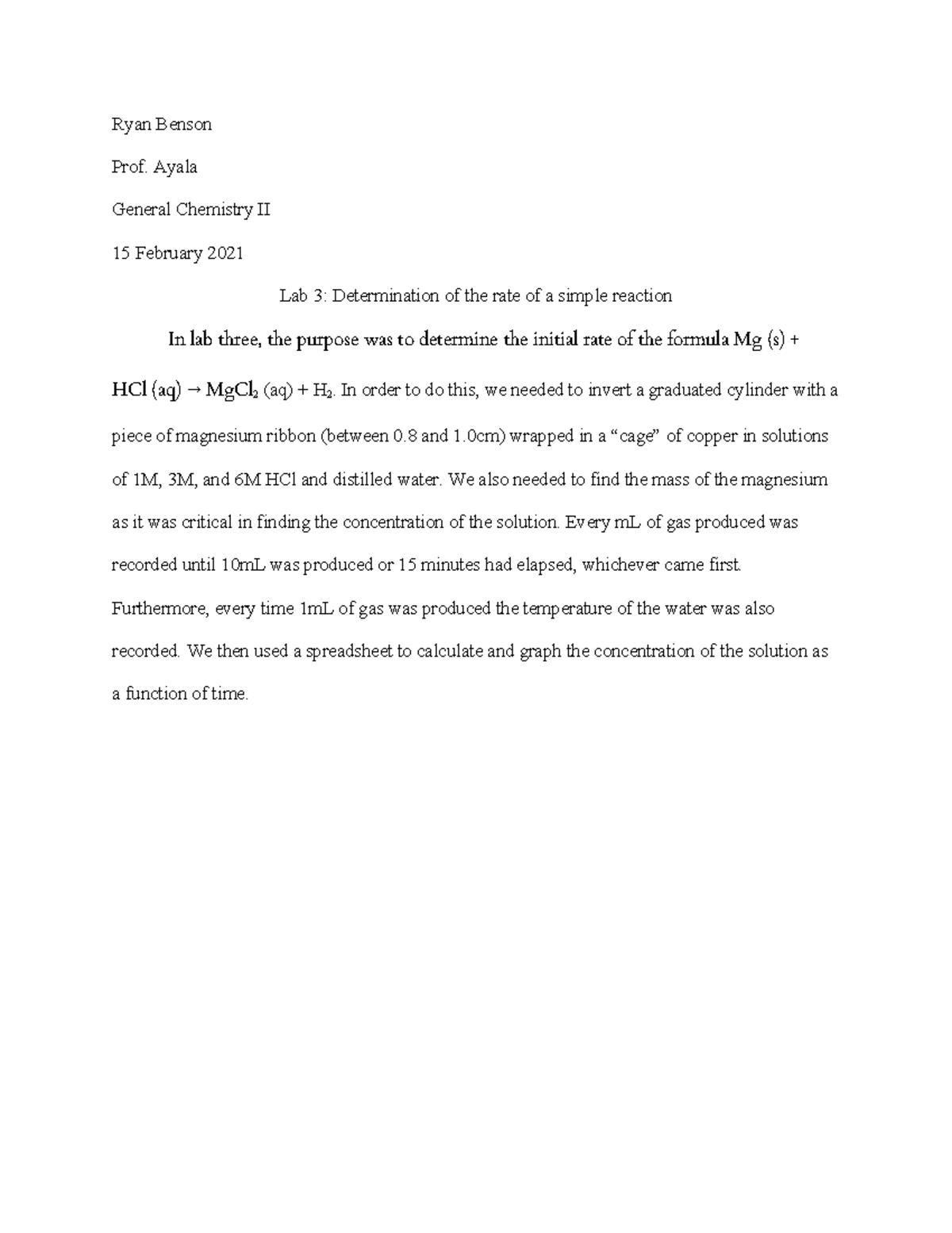 General Chemistry II - Lab 3 Report: Reaction Rate Determination - Studocu