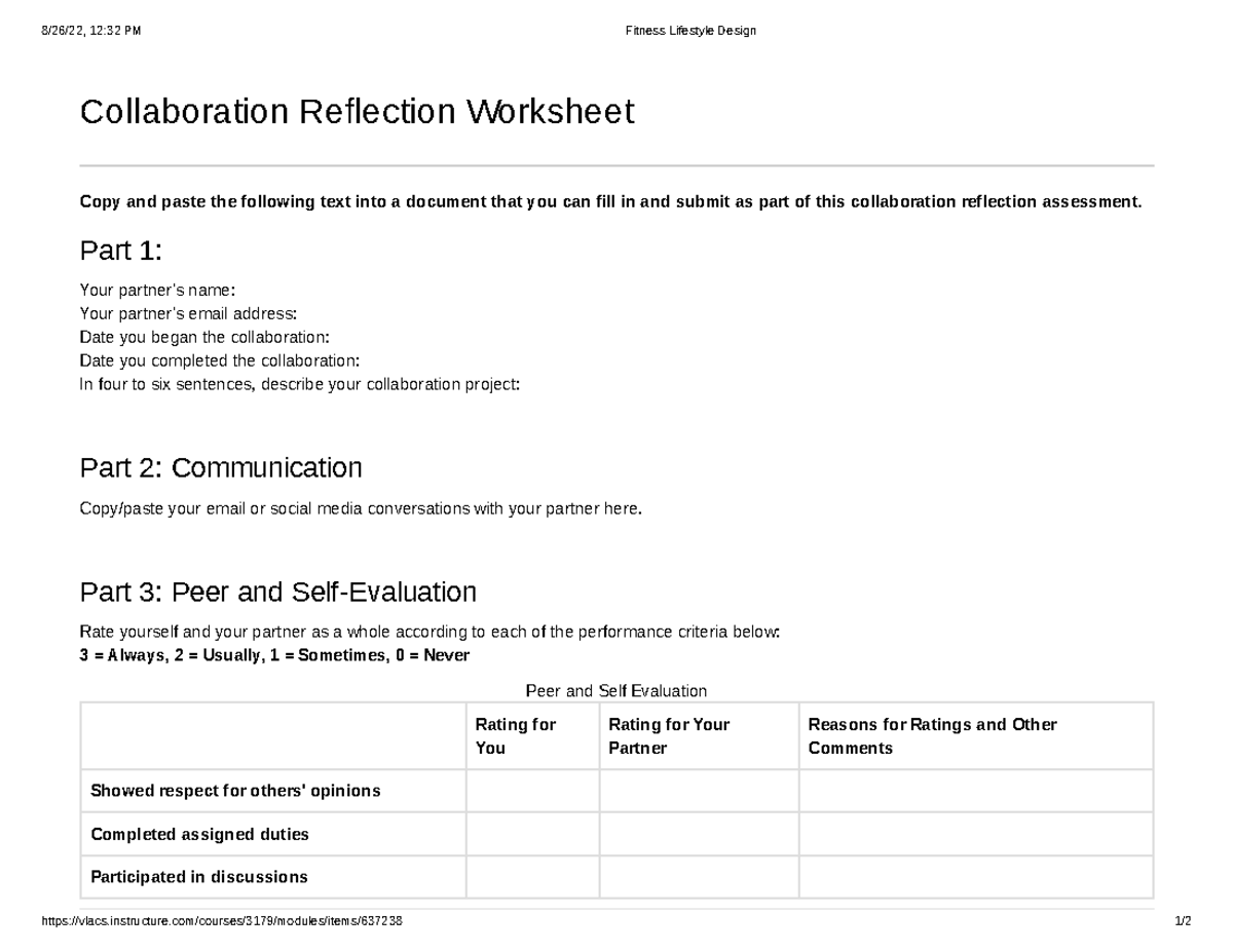 COLL 101: Collaboration Reflection Worksheet for Group Assessments ...