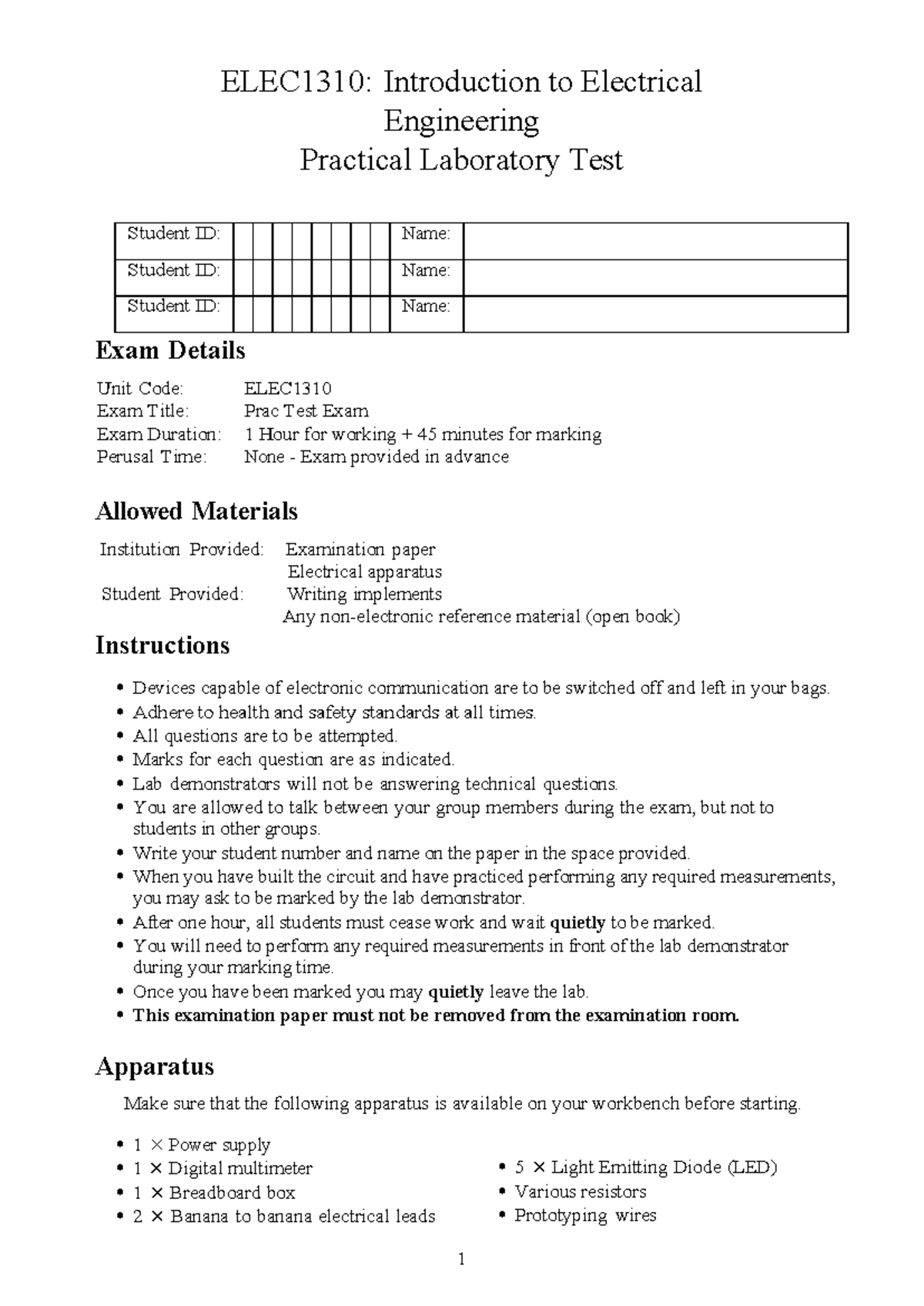ELEC1310: Week 7 Practical Laboratory Test Guidelines - Studocu