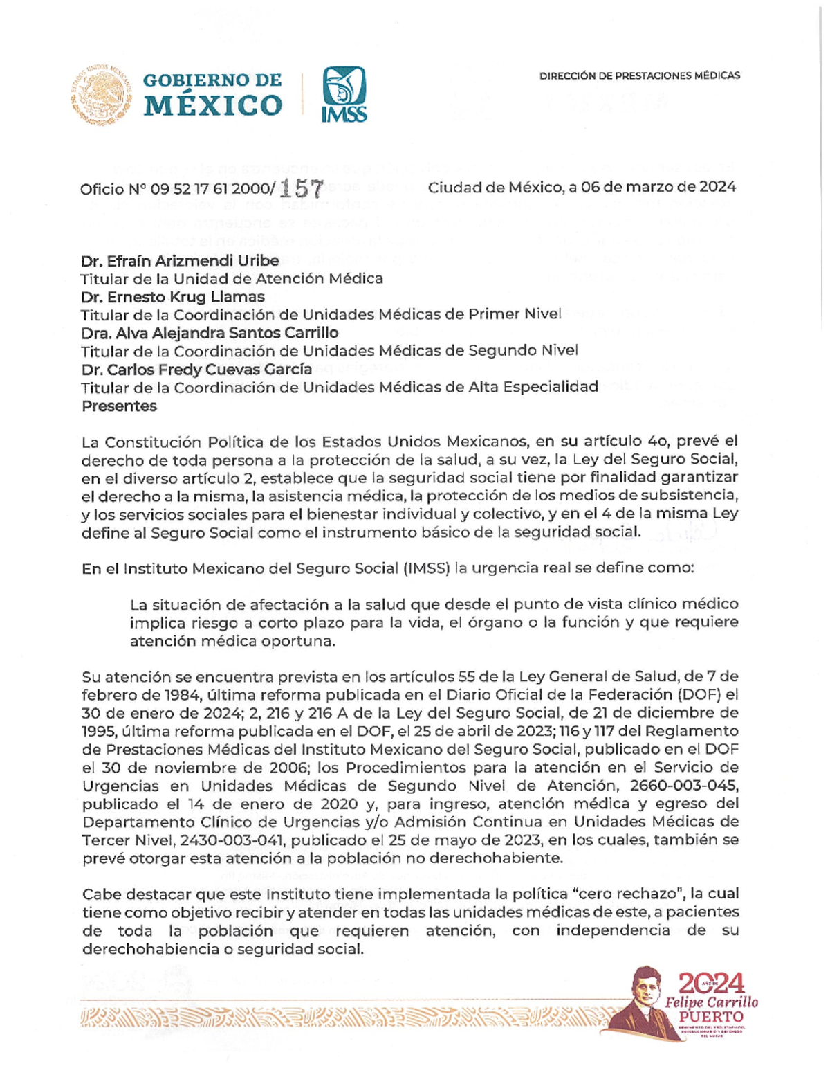 Política Cero Rechazo En Atención Médica Imss Oficio 09 52 17 61 157