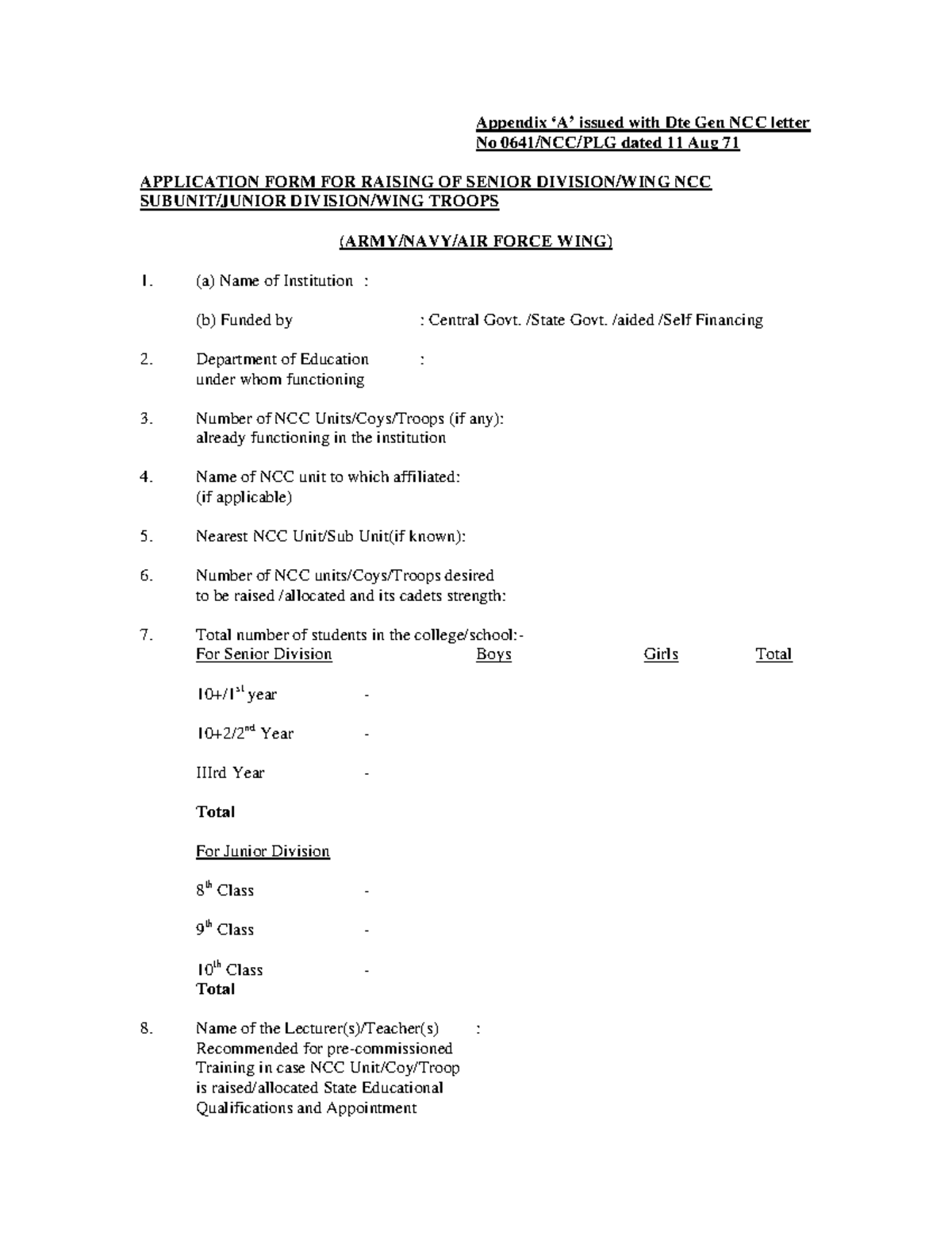NCC Application Form for Raising Senior Troops (NCC-466) - Studocu