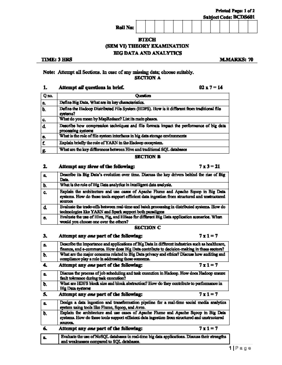 Model Paper 1: Big Data Analytics - BCDS601 Exam Guide - Studocu