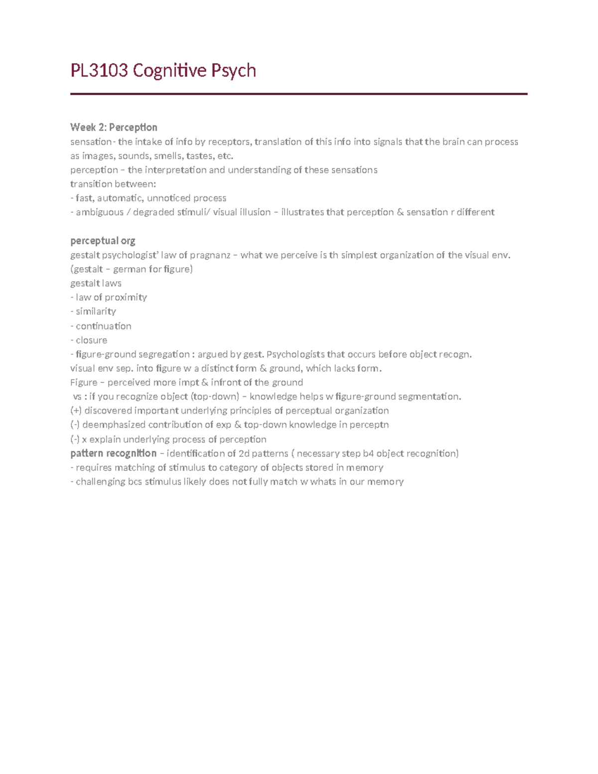 PL3103 Cognitive Psych - PL3103 Cognitive Psych Week 2: Perception ...