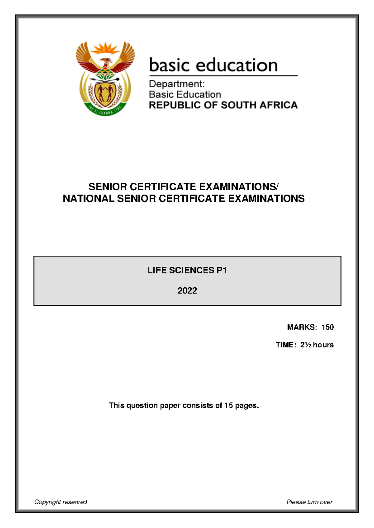 Life Sciences P1 Exam Paper GRADE 12 May-June 2022 - Studocu